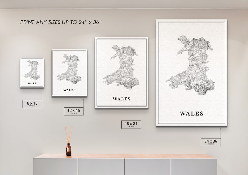 Wales Map Print, Road Map Art Poster, UK United Kingdom Britain Cardiff ...