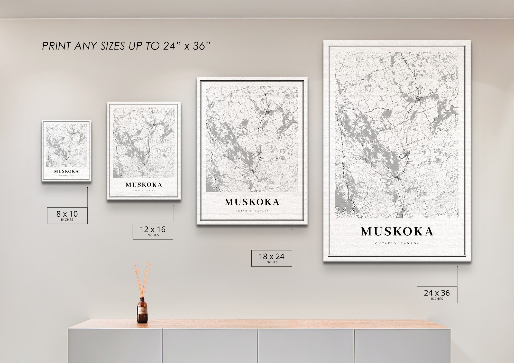 Muskoka Ontario Map Print, ON Canada Map Art Poster, Gravenhurst, City ...