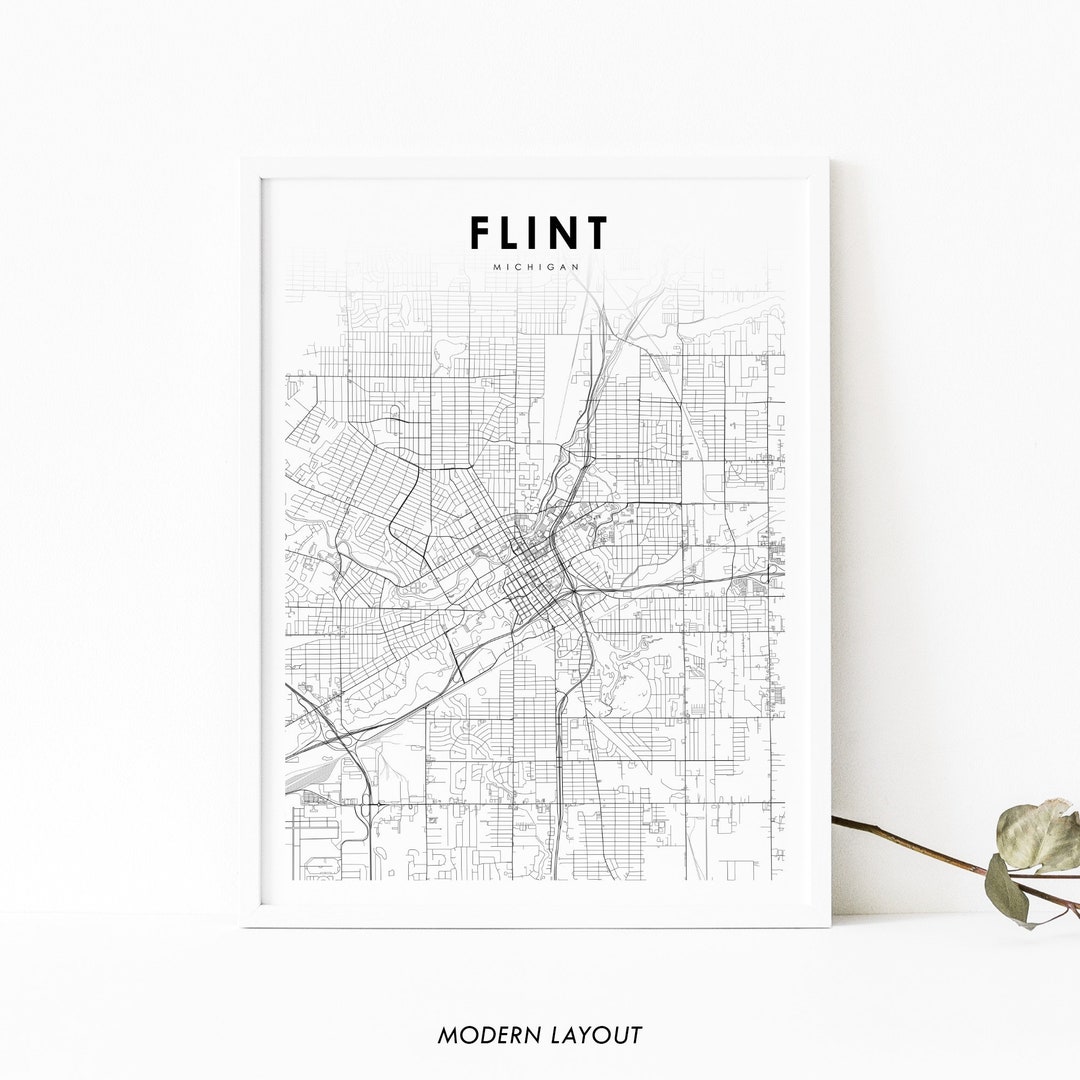 Flint MI Map Print, Michigan USA Map Art Poster, Genesee County, City ...