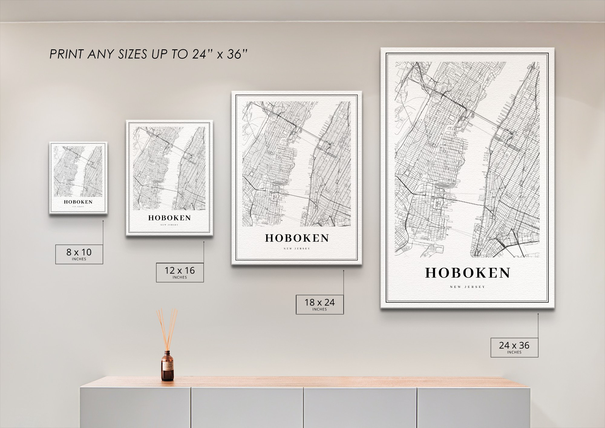 Hoboken NJ Map Print, New Jersey USA Map Art Poster, Hudson County City ...