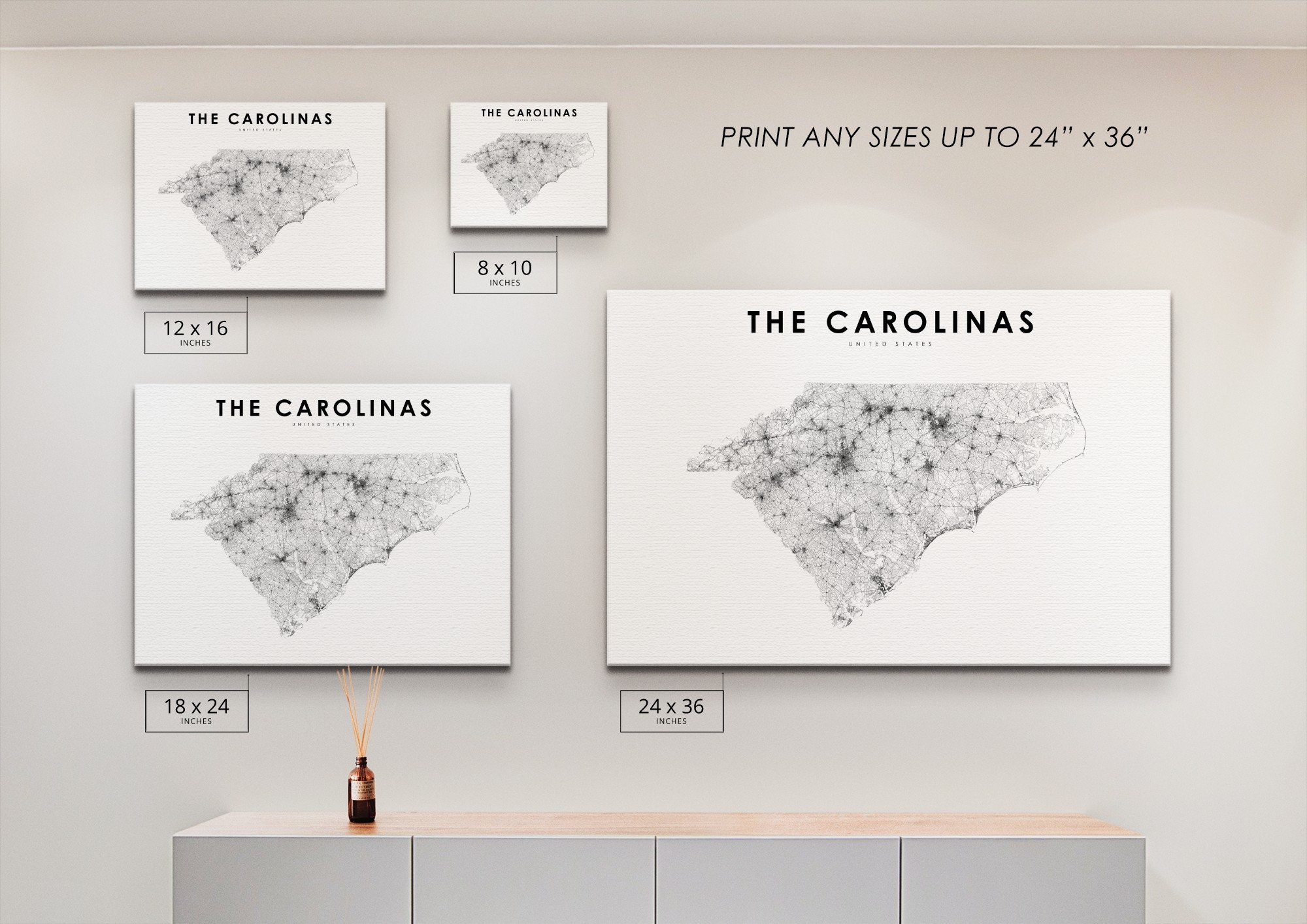 The Carolinas Map Print, State Road Map Print, NC SC USA United States ...