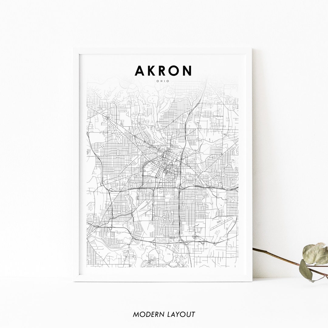 Akron OH Map Print, Ohio USA Map Art Poster, City Street Road Map Print ...