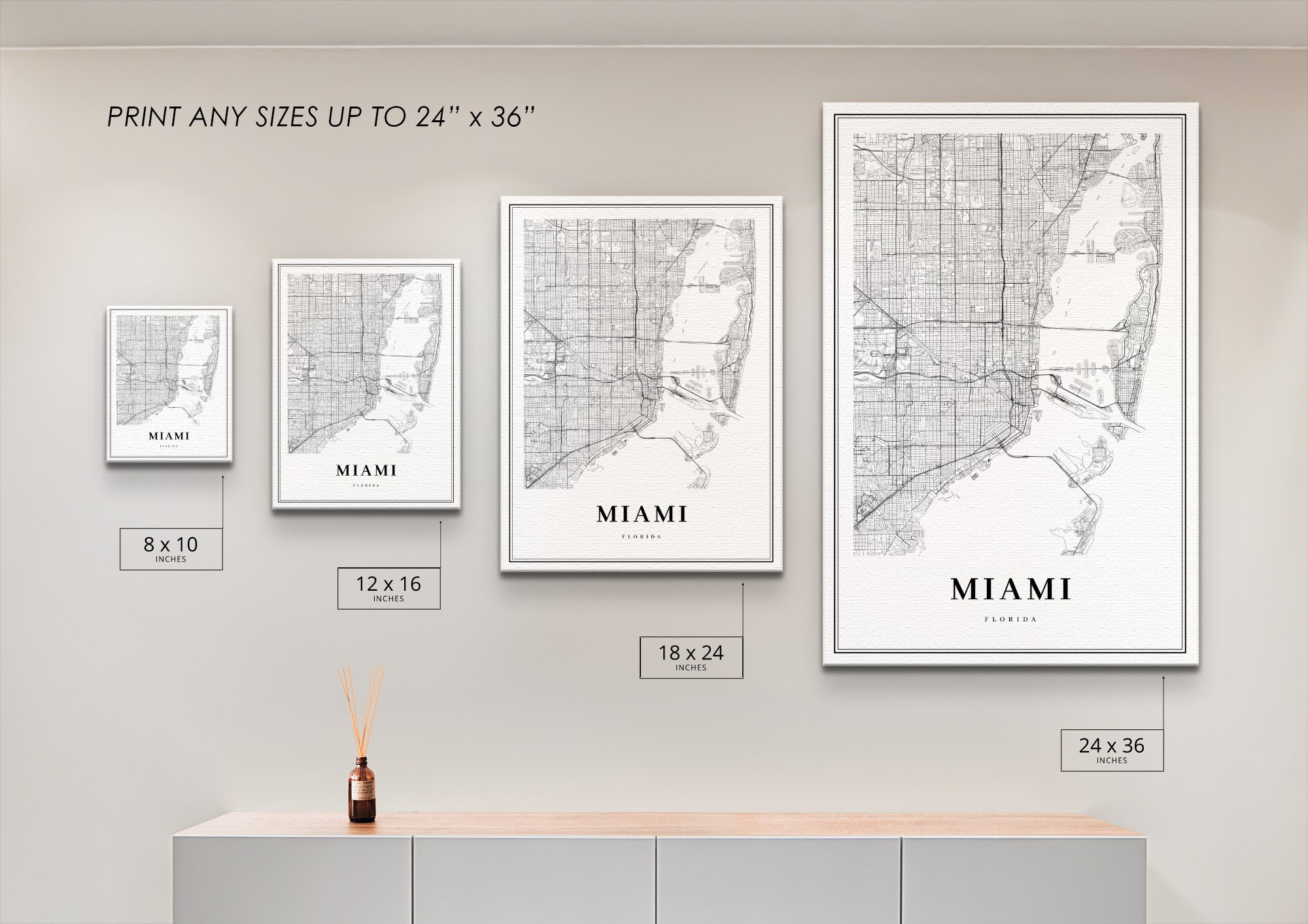 Miami FL Map Print, Florida USA Map Art Poster, City Street Road Map ...
