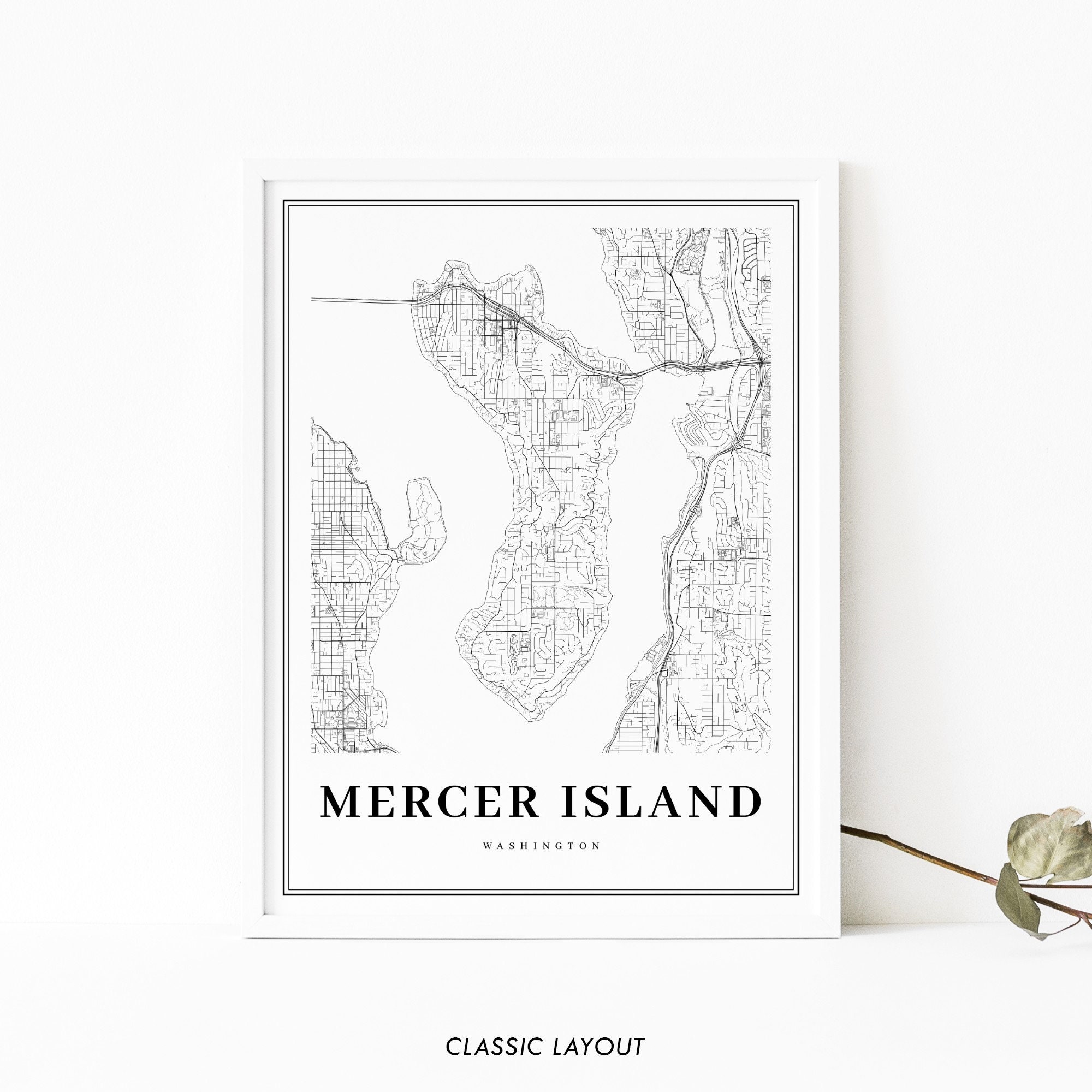 Mercer Island WA Map Print, Washington USA Map Art Poster, City Street ...