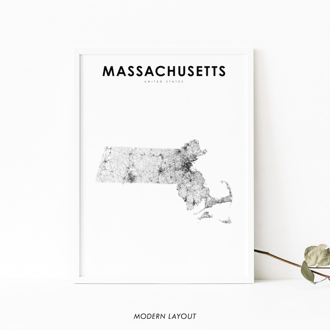 Massachusetts Map Print, State Road Map Print, MA USA United States Map ...