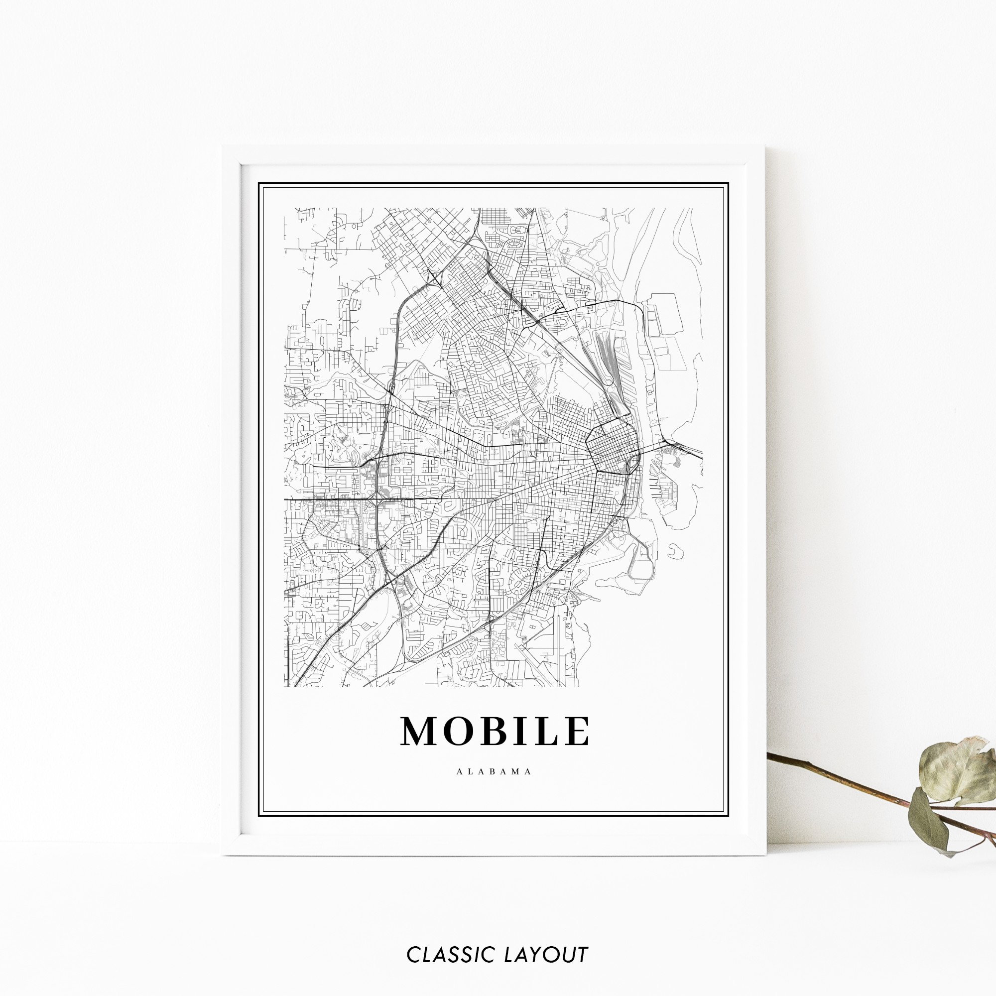 Mobile AL Map Print, Alabama USA Map Art Poster, City Street Road Map ...