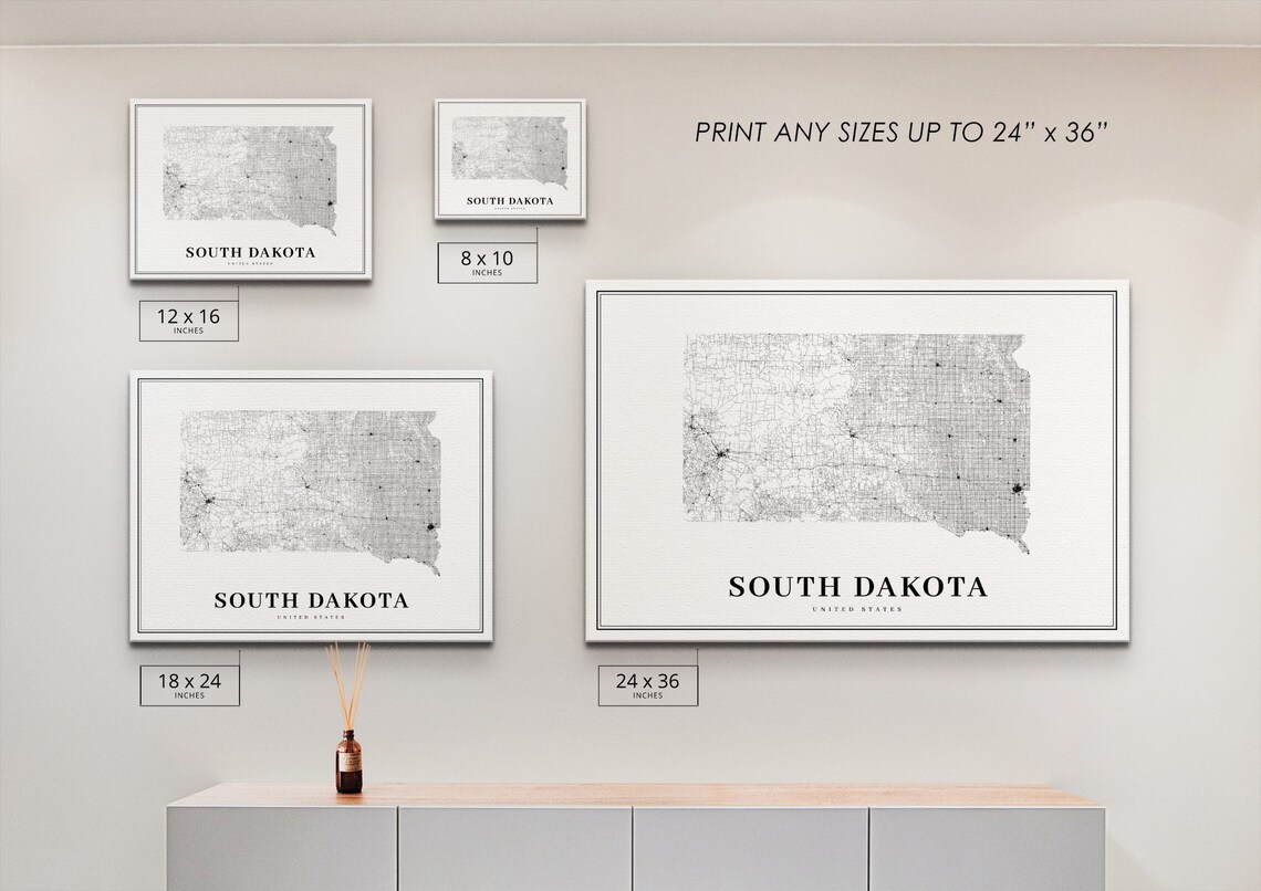 South Dakota Map Print, State Road Map Print, SD USA United States Map ...