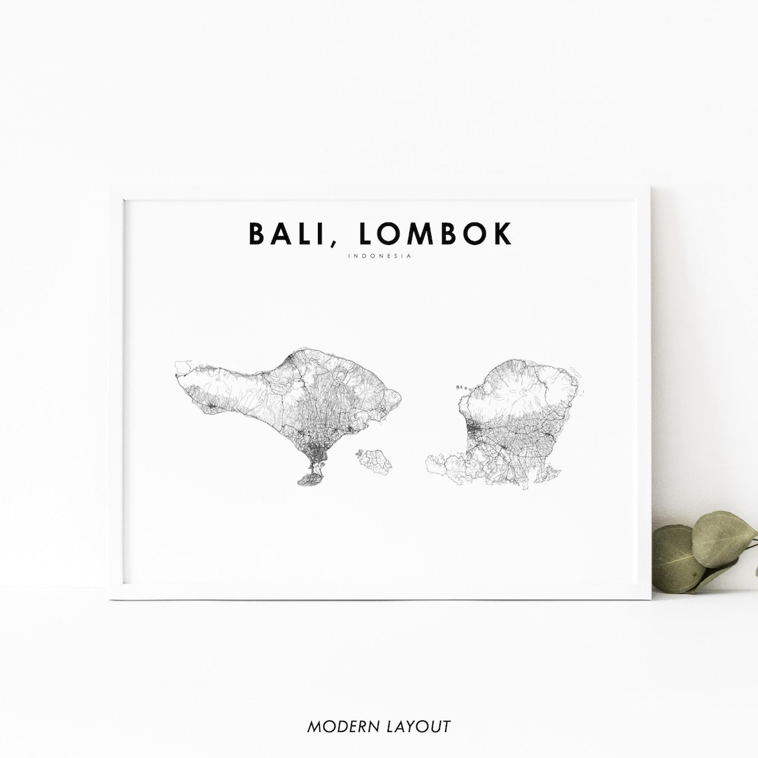 Bali & Lombok Indonesia Map Print, Road Map Art Poster, Kuta Denpasar ...