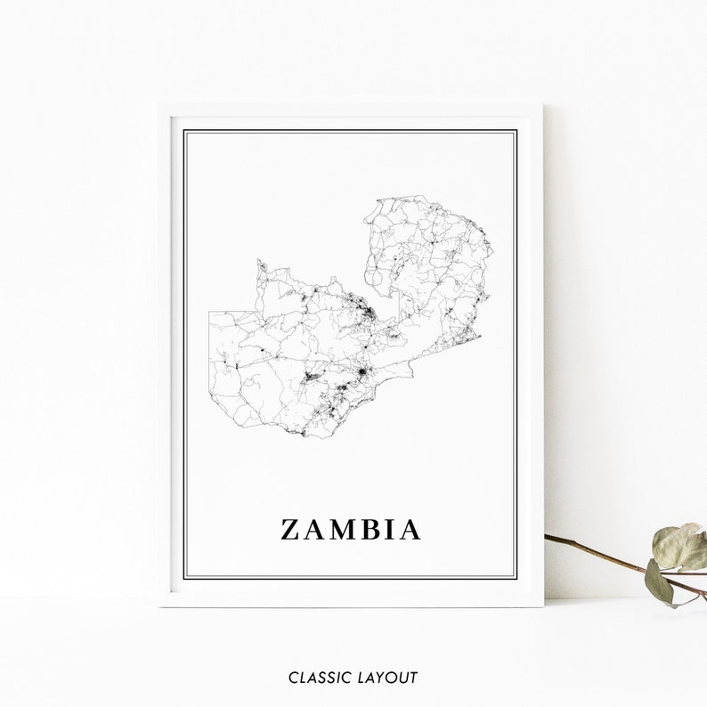 Zambia Map Print, Country Road Map Poster, Lusaka East Africa Map Art ...