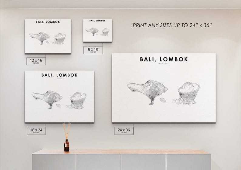 Bali & Lombok Indonesia Map Print, Road Map Art Poster, Kuta Denpasar ...
