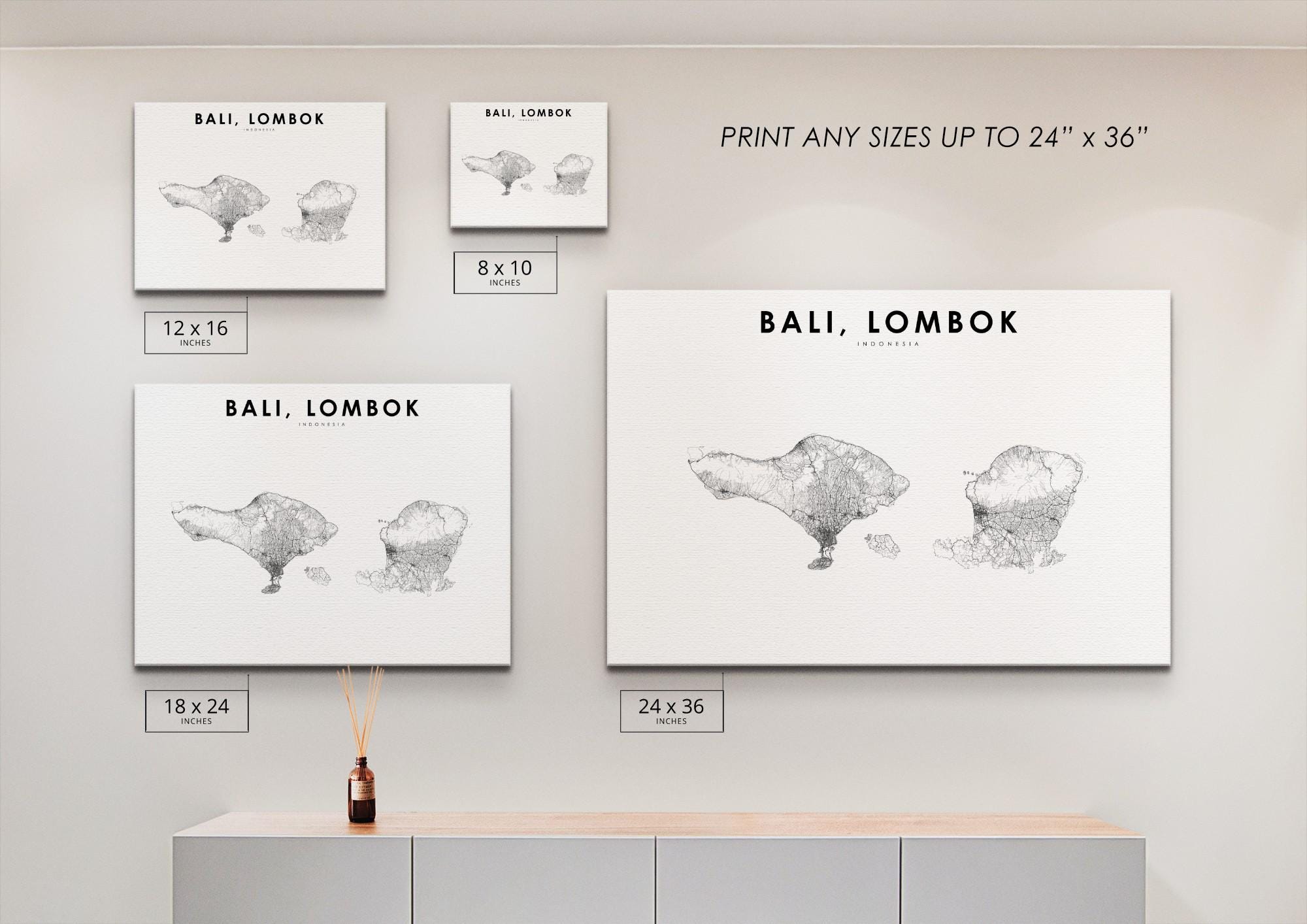 Bali & Lombok Indonesia Map Print, Road Map Art Poster, Kuta Denpasar ...
