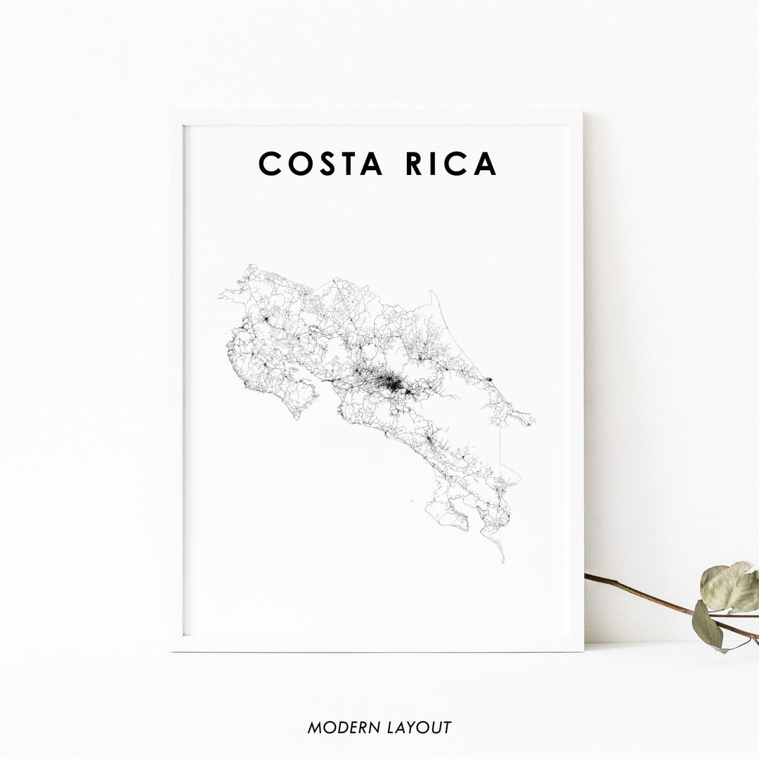 Costa Rica Map Print, Country Road Map Art Poster, Caribbean Central ...