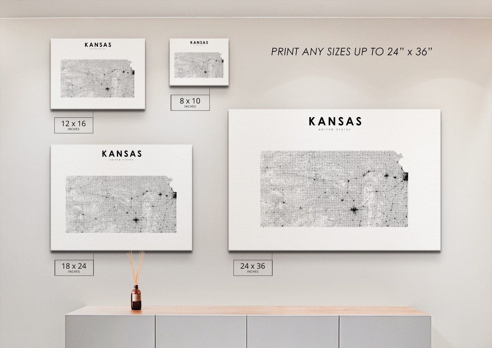 Kansas Map Print, State Road Map Print, KS USA United States Map Art ...