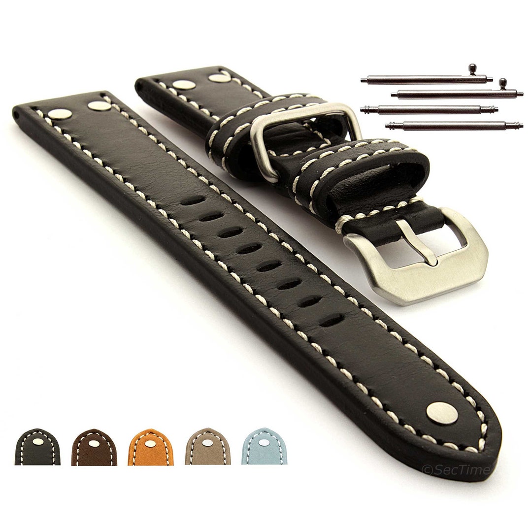 20mm 22mm 24mm 26mm Riveted Genuine Leather Watch Strap Band Fighter ...