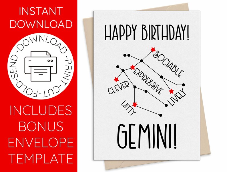 Gemini Birthday Card Printable Birthday Card Gemini Traits - Etsy