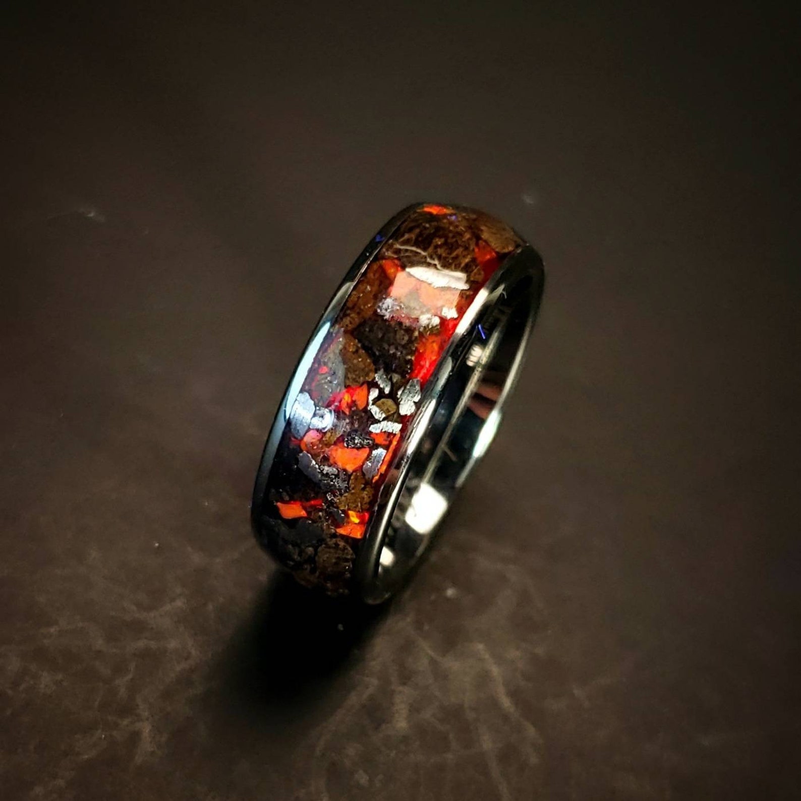 The Red Raptor Dinosaur and Meteorite Ring With Glow and Opals - Etsy