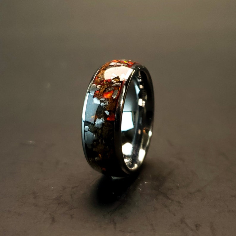 Red Raptor Vertebrae and Meteorite with Glow Wedding Band | Etsy