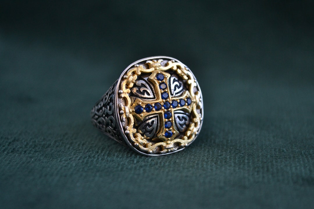 Byzantine Cross Ring With Gemstones, 925 Etruscan Ring With Sapphire CZ ...