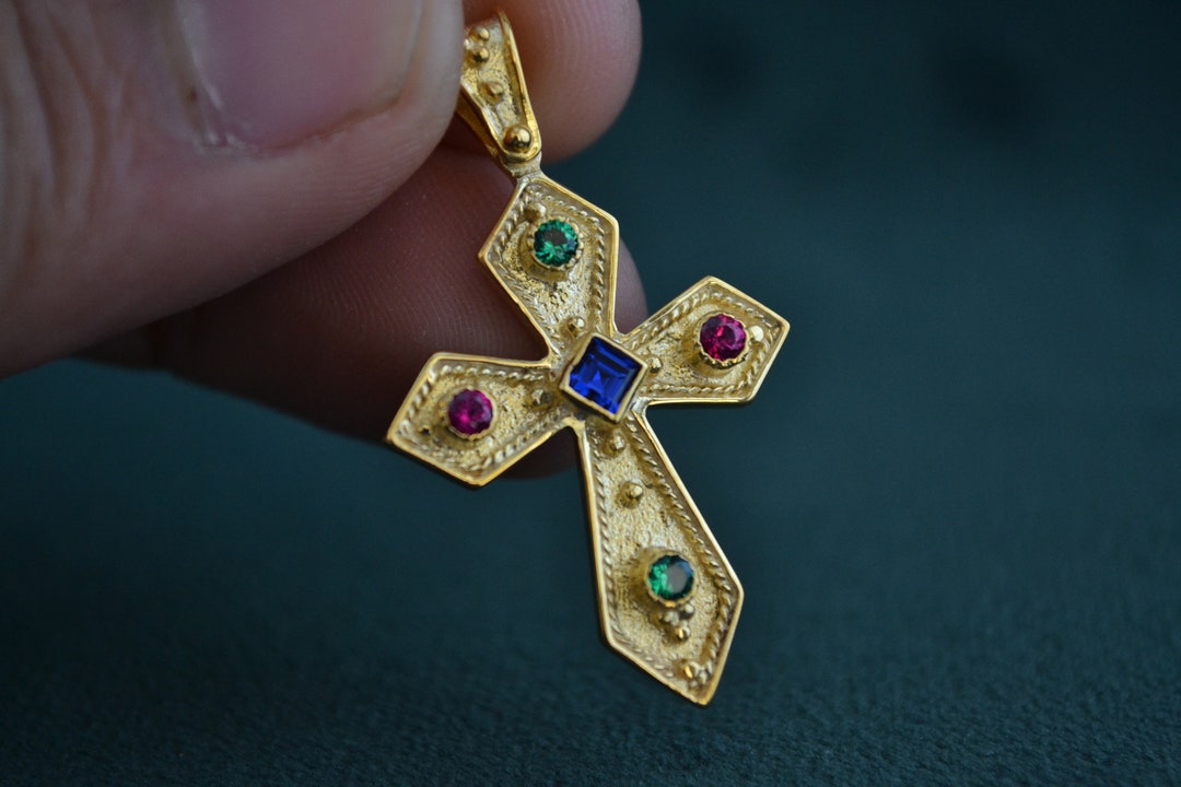 Pointy Byzantine Cross Pendant, Gold-plated Sterling Silver With CZ ...