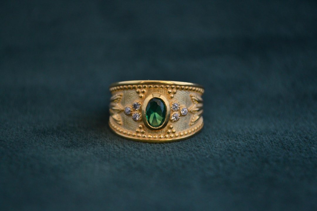 Gold Etruscan Ring With Cubic Zirconia Emerald, Sterling Silver Ring ...