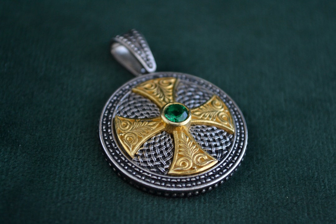 Round Byzantine Pendant Witch Cross, 925 Silver Pendant With Engraves ...