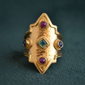 Gold Etruscan Byzantine Ring, Multi Gemstone Ring, 18K Gold Ring With ...