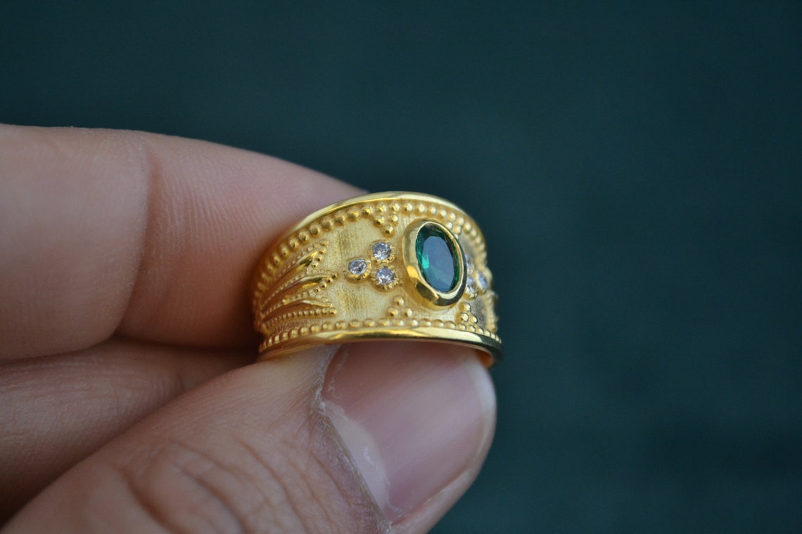 Gold Etruscan Ring With Cubic Zirconia Emerald Sterling | Etsy