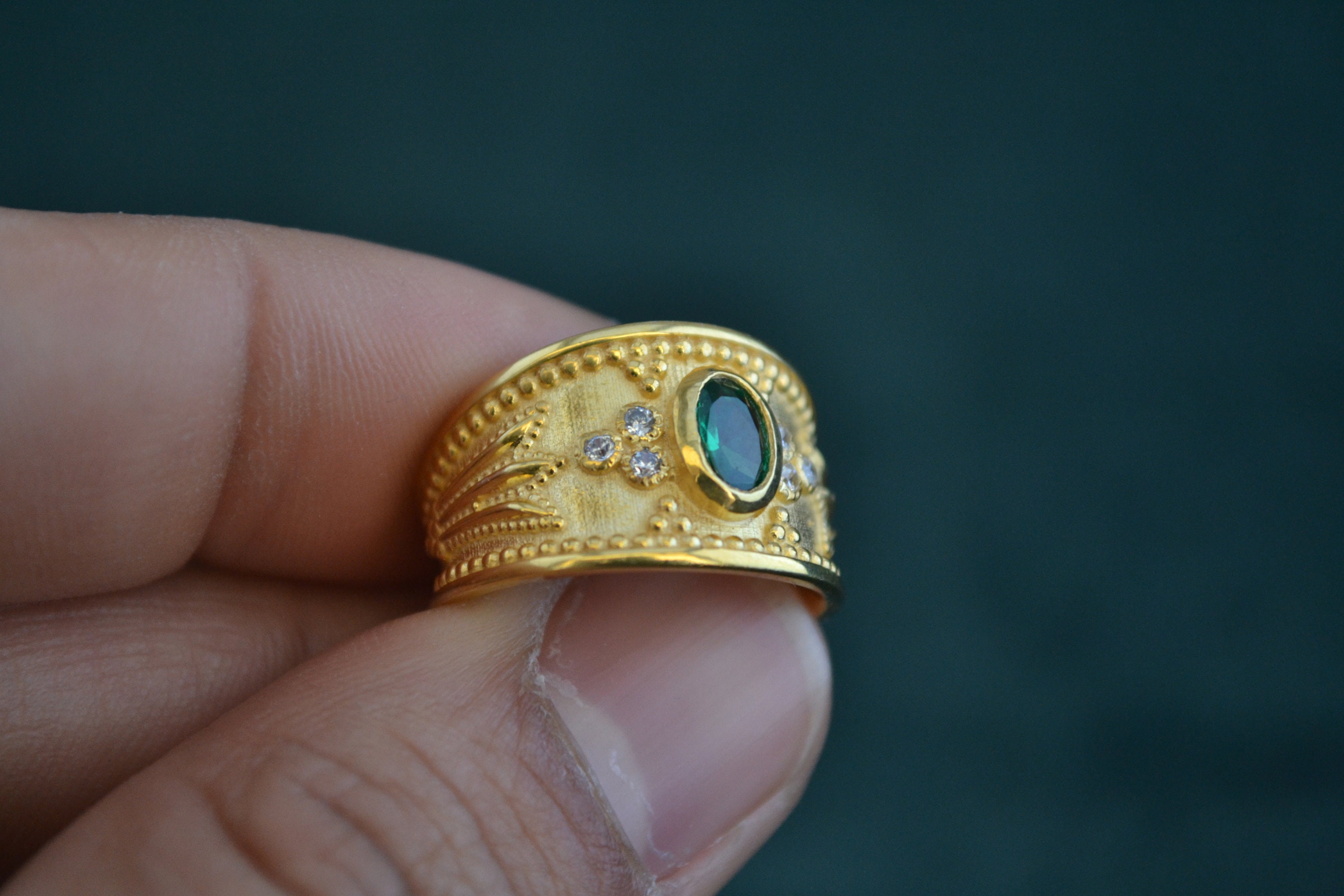 Gold Etruscan Ring With Cubic Zirconia Emerald Sterling | Etsy