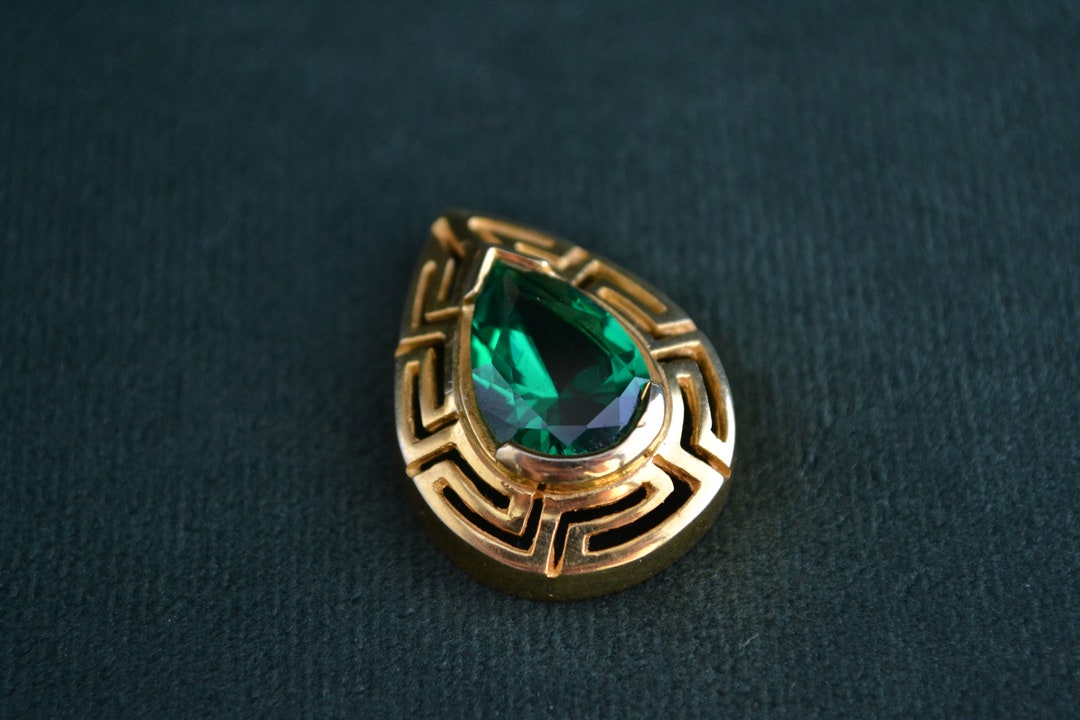 Greek Teardrop Pendant, 22K Gold-plated 925 Silver With CZ Emerald ...