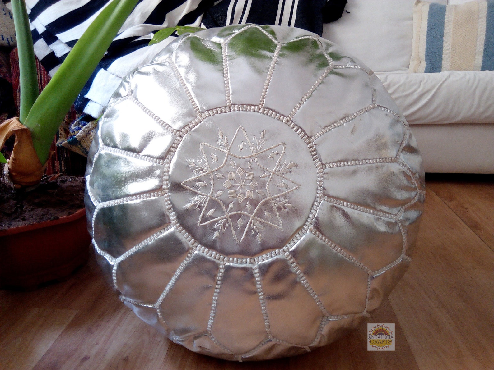 Moroccan Silver POUF With White Stitching - Silver Pouf Ottoman Pouf ...
