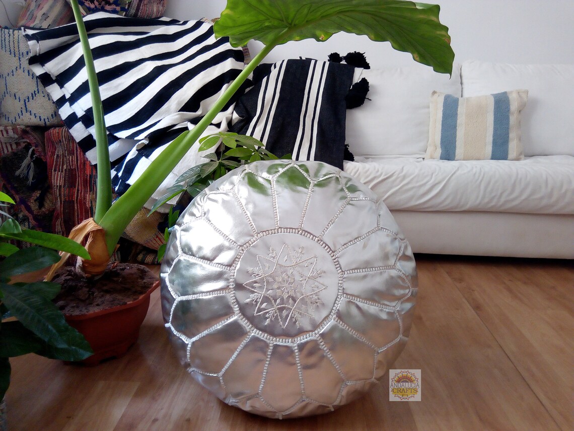 Moroccan Silver POUF With White Stitching - Silver Pouf Ottoman Pouf ...