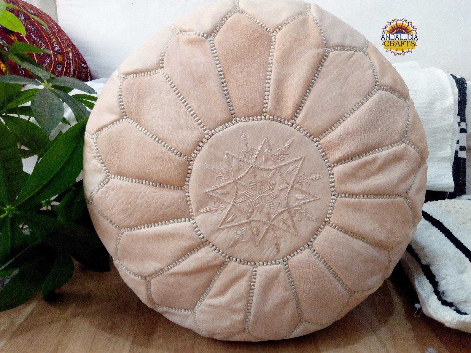 Moroccan POUF Light Beige With White Stitching Leather Pouf | Etsy