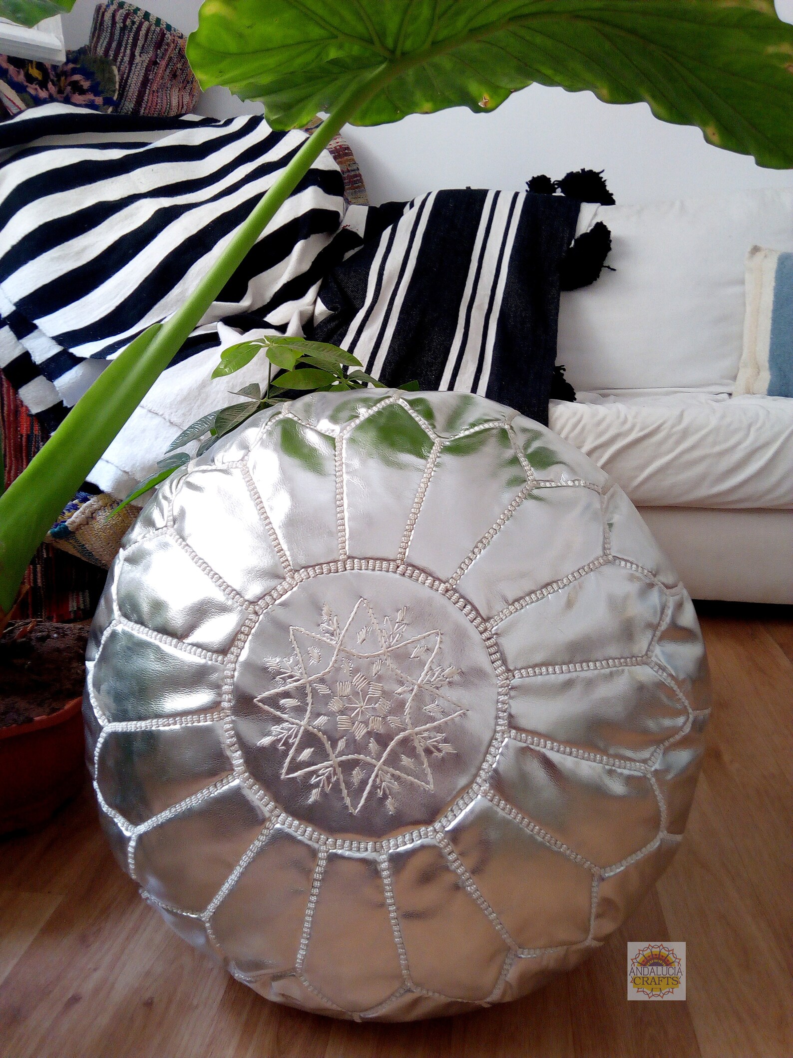Moroccan Silver POUF With White Stitching - Silver Pouf Ottoman Pouf ...