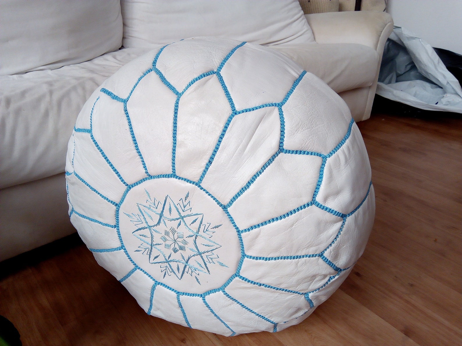 Moroccan leather POUF white with light blue turquoise | Etsy
