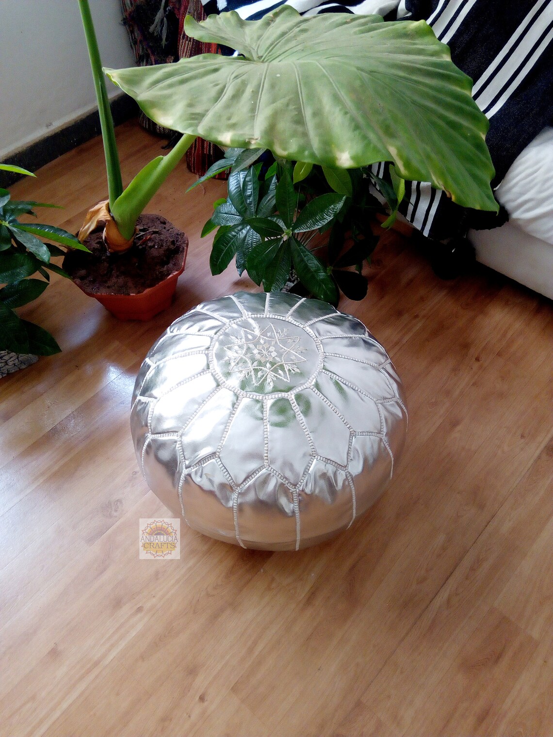 Moroccan Silver POUF With White Stitching - Silver Pouf Ottoman Pouf ...
