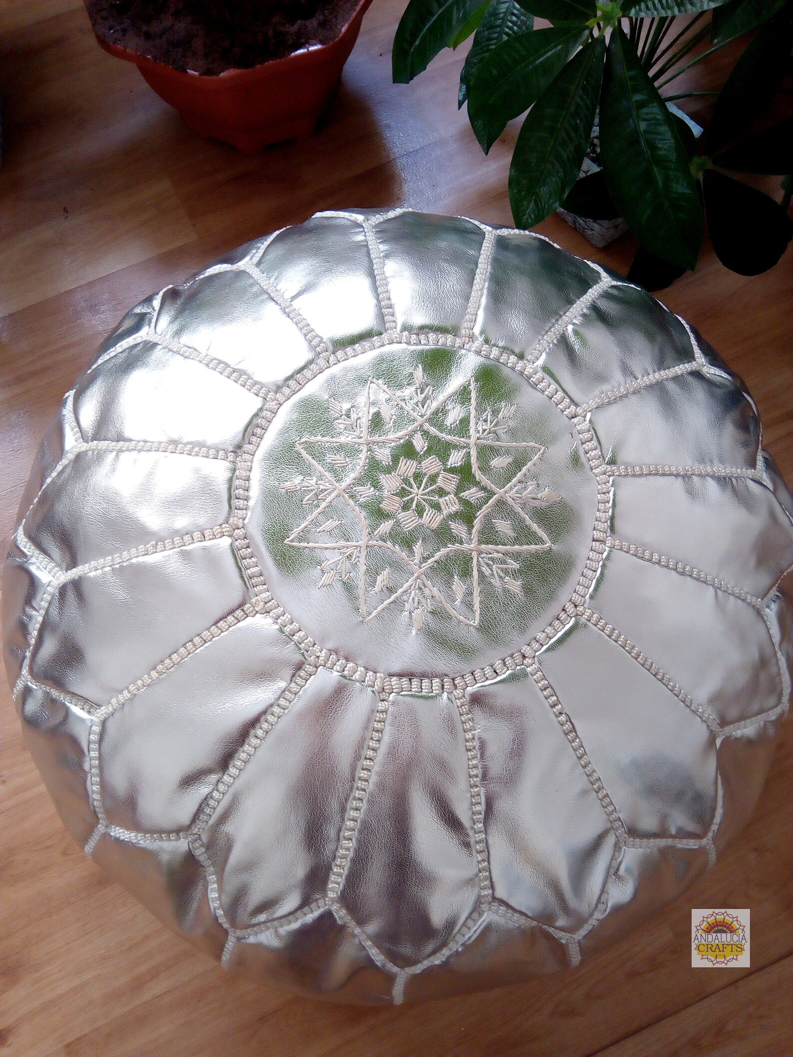 Moroccan Silver POUF With White Stitching - Silver Pouf Ottoman Pouf ...