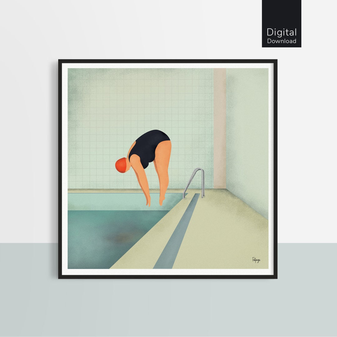 Swimmer Print, Downloadable Art, Illustration Print, Printable Wall Art ...