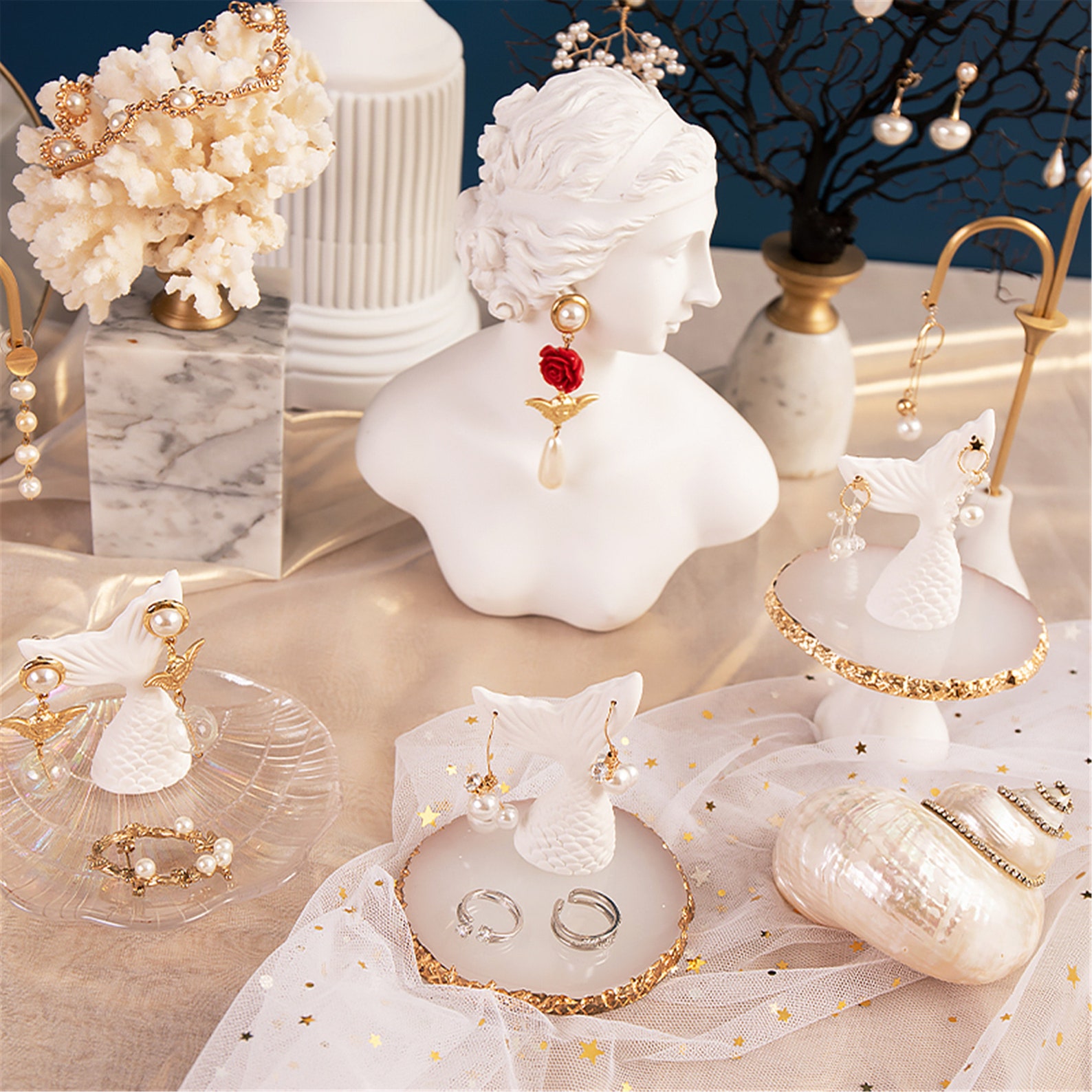 White Gypsum Jewelry Display Set: Marble Effect Necklace & Earring ...