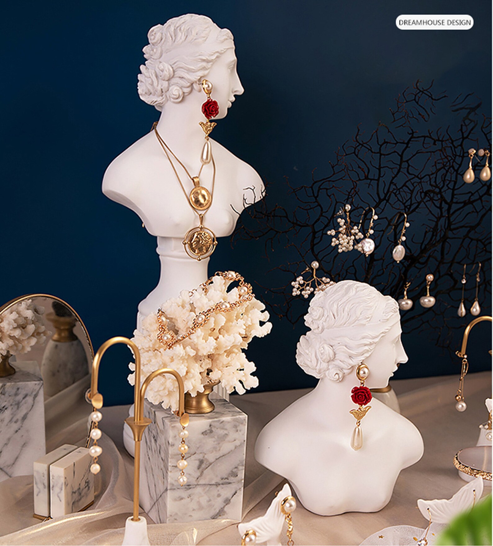 White Gypsum Jewelry Display Set: Marble Effect Necklace & Earring ...