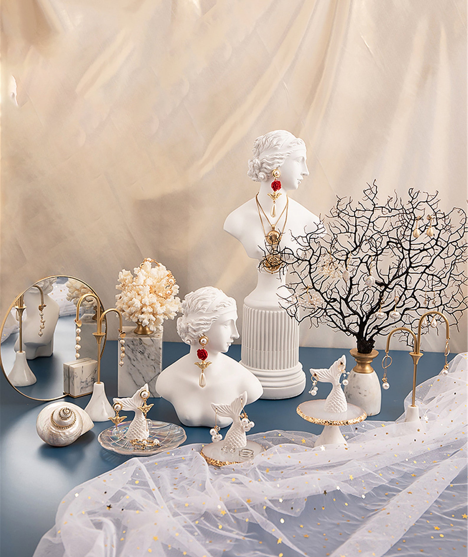 White Gypsum Jewelry Display Set: Marble Effect Necklace & Earring ...