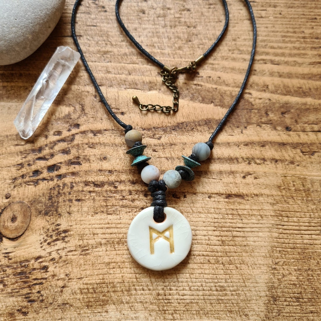 Mannaz Rune Pendant, Ceramic Rune Pendant With Amazonite and Verdigris ...