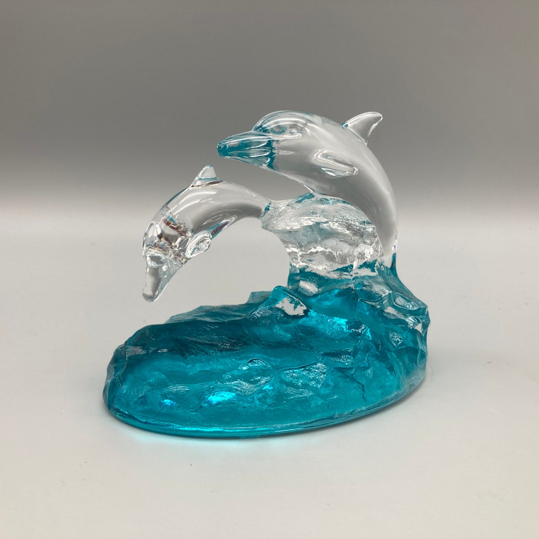 Leaping Dolphins Crystal Ornament on Turquoise Base Vintage Glass ...