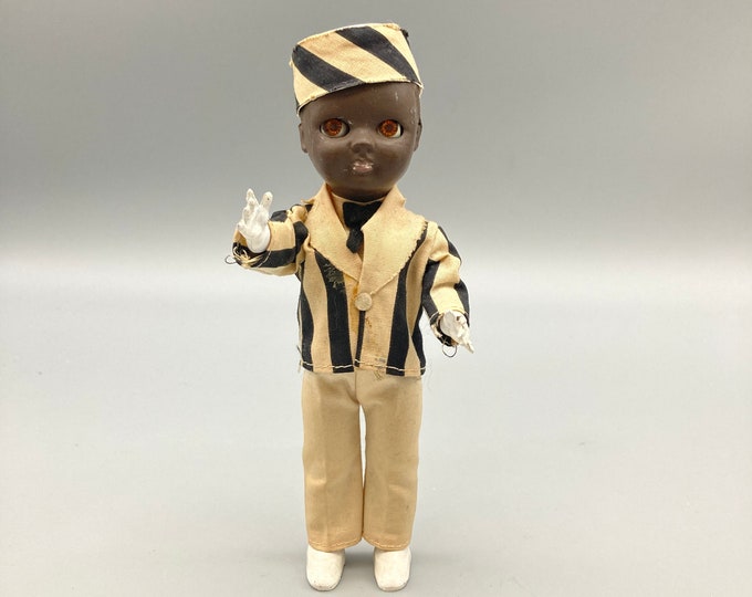 Black Bell Hop Style Sleepy Eyes Plastic Doll in Striped Jacket and Hat ...