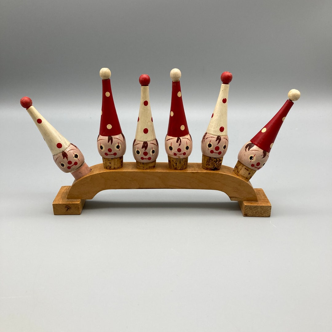 Painted Wooden Clown Bottle Stoppers on Stand Vintage Wine Corks Set of ...