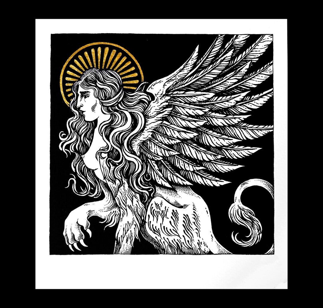 Greek Sphinx Art Print With Hand Embellished Golden - Etsy