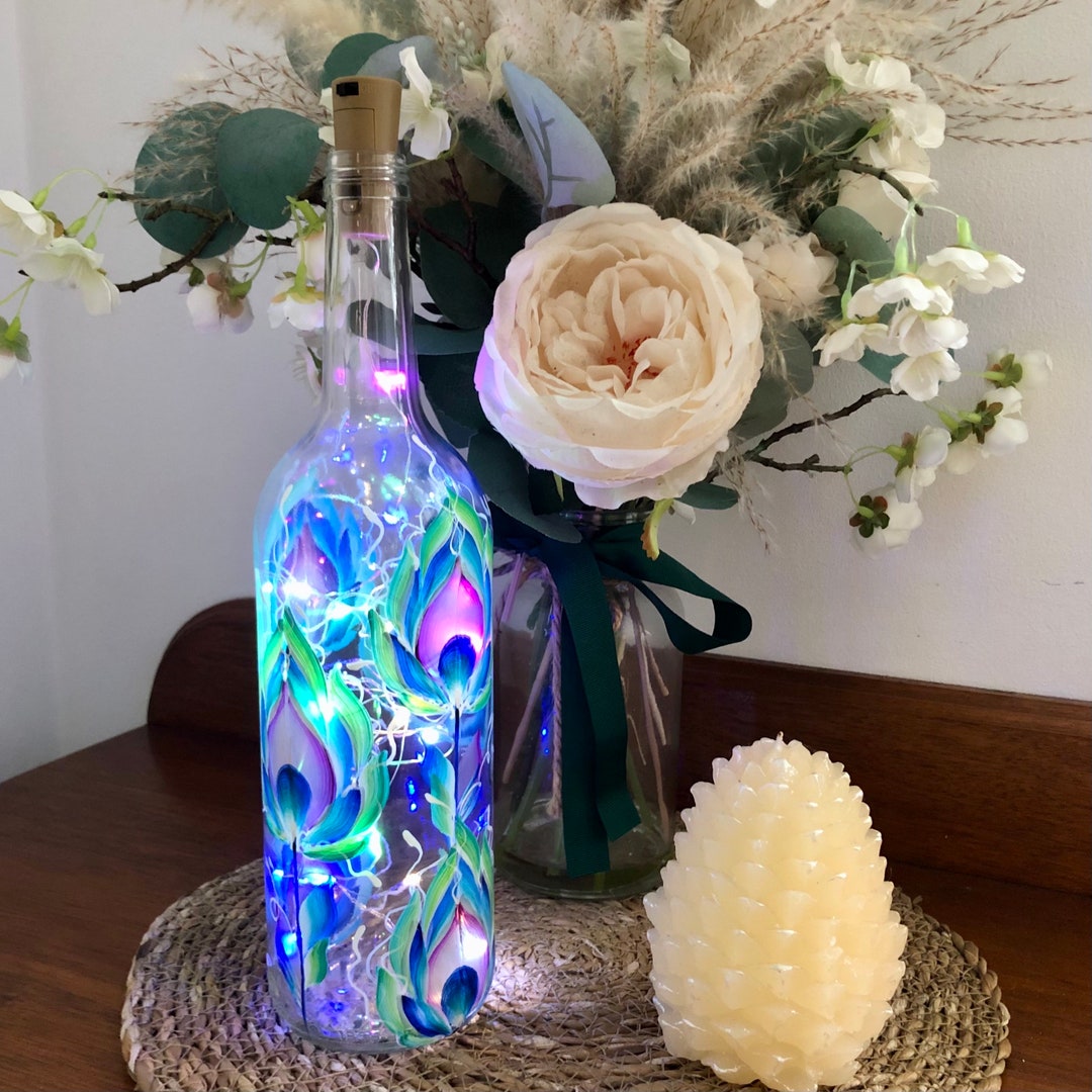 Bottle Lights- Peacock Feathers-glassware, Unique Gift, Christmas Gift ...