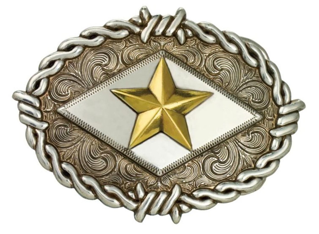Two Tone Barbed Wire Star Gold & Silver Western Trophy Belt Buckle in ...
