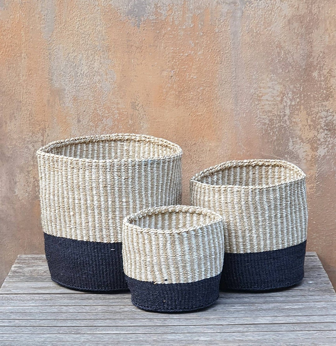 HEKIMA: Natural Patterned and Black Sisal Basket - Etsy UK