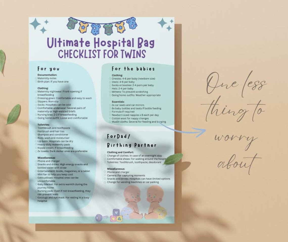 Hospital Bag Checklist for Twins, Printable Twins Hospital List, PDF ...