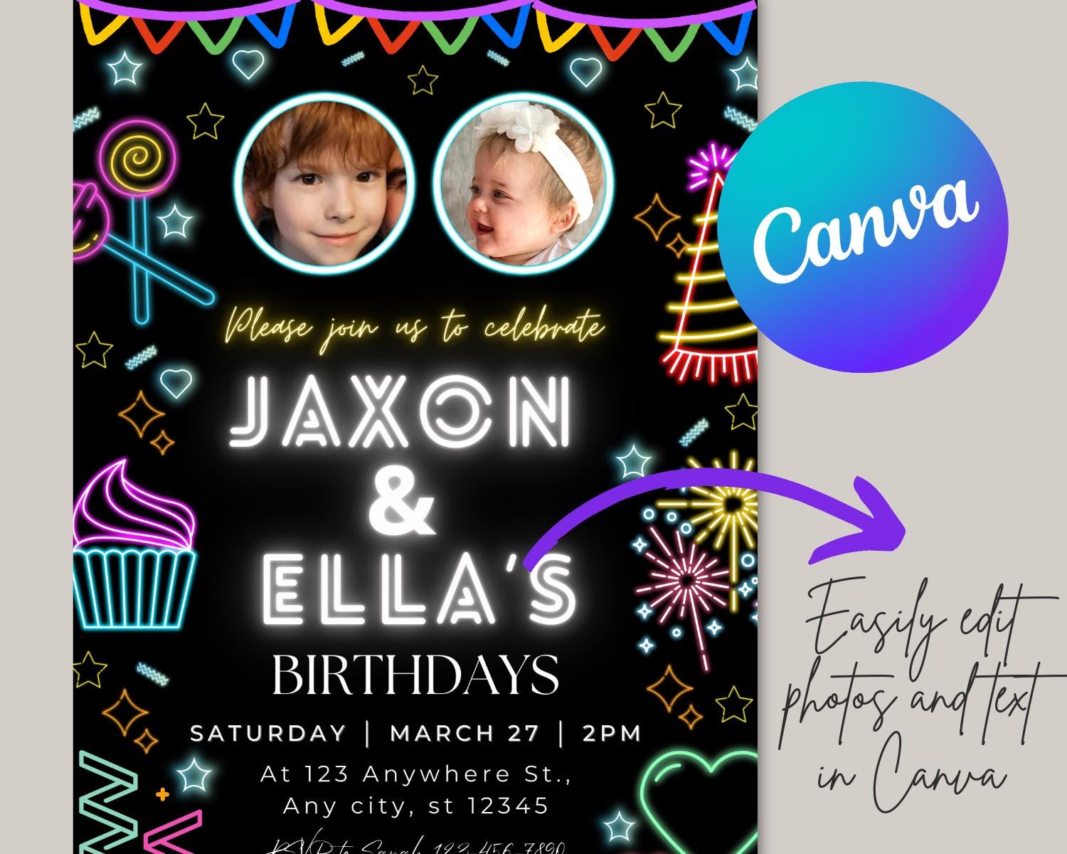 Editable Joint Party Invite, Sibling Birthday Invitation, Double ...